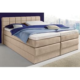 Boxspringbett Hapo, beige, Das Bett ist mit pflegeleichtem Feinstrukturstoff in Leinenoptik (100% Polyester) bezogen.;Die Oberseite der Unterfederung