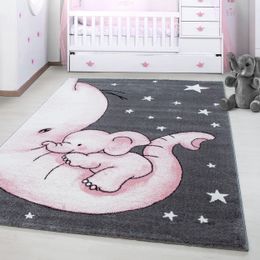 Kinderteppich, B:200cm H:12mm L:290cm, pink, Ayyildiz Teppiche, Kunstfaser, Teppiche, "Kids 560", auch in rund, Elefanten Baby Sterne, Kurzflor