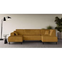 Wohnlandschaft Home Affaire, B:300cm H:81cm T:163cm, gelb, 100% Polyester, Sofas, "ARROS U-Form mit Wellenunterfederung, Ma&szlig;e B/T/H: 300/163/81 cm",