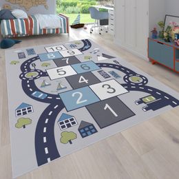 Kinderteppich Paco Home, B:240cm H:4mm L:340cm, grau, Polyester, Teppiche, "Bino 565", Kurzflor, Stra&szlig;en-Spiel-Teppich & Spielmotiv H&uuml;pfk&auml;stchen