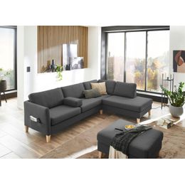 Ecksofa, B:255cm H:82cm, grau, ATLANTIC HOME COLLECTION, Wohnzimmer, Sofas, "Mailo L-Form", mit Seitentaschen und Ottomane, mit Massivholzf&uuml;&szlig;en