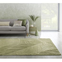 Wollteppich FLAIR RUGS, B:160cm H:10mm L:230cm, gr&uuml;n, Wolle, Wohnzimmer, Teppiche, "LINO LEAF", Hoch-Tief Effekt
