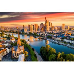 papermoon Fototapete "FRANKFURT-MAIN SKYLINE WOLKENKRATZER BR&Uuml;CKE FLUSS SONNE", B/L: 3,5m x 2,6m, Bahnen: 7 Stk., bunt, Schlafzimmer, Tapeten