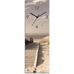Wanduhr Artland, B:20cm H:60cm T:1,8cm, beige, Wohnzimmer, Wanduhren, "Nordseestrand auf Langeoog - Steg_Sepia", wahlweise mit Quarz- oder