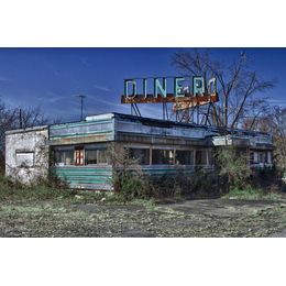 papermoon Fototapete "VINTAGE DINER-ROUTE 66 VERLASSENER ORT RETRO AMERIKA", B/L: 4,5m x 2,8m, Bahnen: 9 Stk., bunt, Schlafzimmer, Tapeten