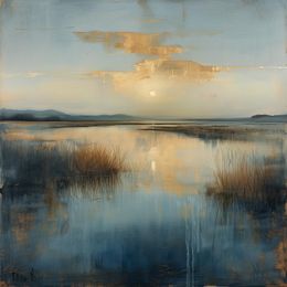 Acrylglasbild queence, B:50cm H:50cm T:1,5cm, blau, Acrylglas, Bilder, "Gr&auml;ser im See mit goldenen Wolken", HD Premium Kunstdruck in Galeriequalit&auml;t