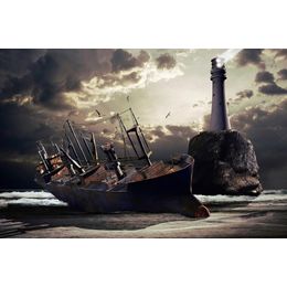 papermoon Fototapete "Gestrandetes Schiff mit Leuchtturm", B/L: 5m x 2,8m, Bahnen: 10 Stk., bunt, Schlafzimmer, Tapeten