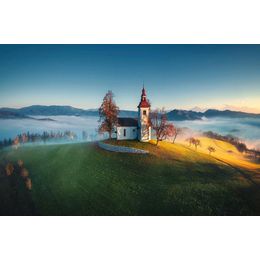 papermoon Fototapete "PANORAMA-KIRCHE SONNE GEBIRGE LANDSCHAFT SLOWENIEN XXL", B/L: 3,5m x 2,6m, Bahnen: 7 Stk., bunt, Schlafzimmer, Tapeten