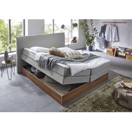 Boxspringbett Home Affaire, B:162cm L:224cm, grau, Komplettbetten, "Blomen", mit Walnuss-Dekor, mit Bettkasten, verschiedene H&auml;rtegrade, mit Topper