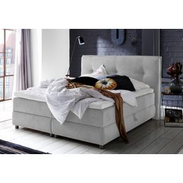 Boxspringbett, B:194cm L:215cm, grau, ATLANTIC HOME COLLECTION, Bettrahmen und seitliche Einfassung der Matratzen: pflegeleichter Strukturstoff (100%
