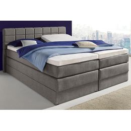 Boxspringbett Hapo, grau, Das Bett ist mit pflegeleichtem Feinstrukturstoff in Leinenoptik (100% Polyester) bezogen.;Die Oberseite der Unterfederung
