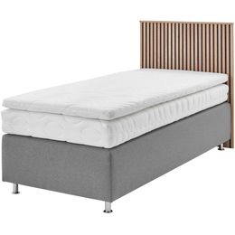 Boxspringbett, L:206cm, grau, Westfalia Schlafkomfort, Kopfteil MDF/Dekor Eiche hell, Boxenbezug: Feinstruktur 100% Polyester, Box: Holzwerkstoff mit