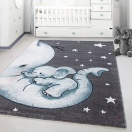 Kinderteppich, B:200cm H:12mm L:290cm, blau, Ayyildiz Teppiche, Kunstfaser, Teppiche, "Kids 560", auch in rund, Elefanten Baby Sterne, Kurzflor