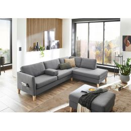 Ecksofa, B:255cm H:82cm, grau, ATLANTIC HOME COLLECTION, Wohnzimmer, Sofas, "Mailo L-Form", mit Seitentaschen und Ottomane, mit Massivholzf&uuml;&szlig;en
