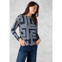 Cecil Damen Langarmshirt, blau, Gr. XXL, bedruckt, Web, 48% Baumwolle, 48% Modal, 4% Elasthan, Shirts, mit U-Boot-Ausschnitt