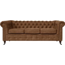 Chesterfield-Sofa Home Affaire, B:203cm H:77cm T:87cm, braun, 100% Polyester, Sofas, "Aarburg", aufw&auml;ndige Knopfheftung und Ziern&auml;gel im