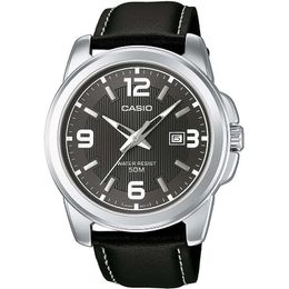 Herren Quarzuhr, schwarz, CASIO TIMELESS COLLECTION, Armbanduhren, Armbanduhr, Herrenuhr, analog, Datum, Lederarmband