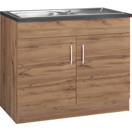 Sp&uuml;lenschrank KOCHSTATION, B:100cm H:85cm T:60cm, braun, Holzwerkstoff, K&uuml;che, Schr&auml;nke, "KS-Colmar", 100 cm, mit Metallgriff