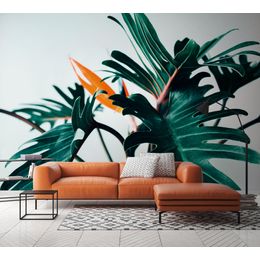 A.S. Cr&eacute;ation A.S. CR&Eacute;ATION Vliestapete "PflanzenFototapete Monstera Dunkelgr&uuml;n Orange", B/L: 2,55m x 3,5m, Rollen: 1blau, Wohnzimmer, Tapeten