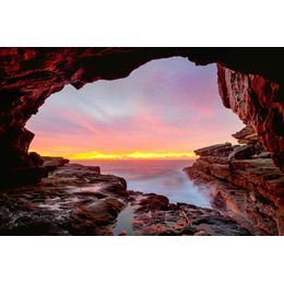 papermoon Fototapete "GROTTE-FELSEN H&Ouml;HLE SONNENAUFGANG K&Uuml;STE OZEAN MEER", B/L: 5m x 2,8m, Bahnen: 10 Stk., bunt, Schlafzimmer, Tapeten