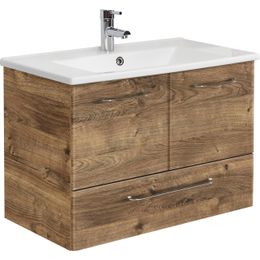 Waschtisch SAPHIR, B:75cm T:45cm, braun, Holzwerkstoff, Keramik, Badezimmer, Waschtische, "Quickset Keramikwaschtisch mit Unterschrank, 75 cm breit,