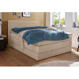 Boxspringbett Hapo, beige, Kopfteil, seitliche Unterbox und Obermatratze sind mit pflegeleichtem Feinstrukturstoff in Leinenoptik (100% Polyester)
