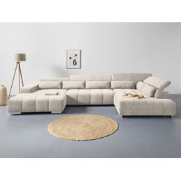 Wohnlandschaft COTTA, B:409cm H:73cm T:225cm, beige, 100% Polyester, Sofas, "Orion U-Form", mit Kopfteilverstellung & 6 Nierenkissen