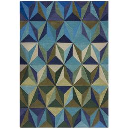 Wollteppich FLAIR RUGS, B:160cm H:10mm L:230cm, blau, Wolle, Wohnzimmer, Teppiche, "Reverie", Geometrischer Teppich Reverie aus Wolle