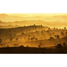 papermoon Fototapete "BERGE-LANDSCHAFT DORF WIESE NEBEL GEBIRGE SONNE WALD", B/L: 3m x 2,23m, Bahnen: 6 Stk., bunt, Schlafzimmer, Tapeten