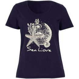 bonprix Damen T-Shirt "T-Shirt Sea Love", blau, Gr. 56, Obermaterial: 100% Baumwolle, Shirts, lockere Passform, Kurzarm-Design, mit maritimem Druck