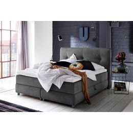 Boxspringbett, B:194cm L:215cm, grau, ATLANTIC HOME COLLECTION, Bettrahmen und seitliche Einfassung der Matratzen: pflegeleichter Strukturstoff (100%