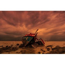 papermoon Fototapete "SCHIFFSWRACK-STRAND KLIPPEN WALD SEE SONNE GEBIRGE BOOT", B/L: 2,5m x 1,86m, Bahnen: 5 Stk., bunt, Schlafzimmer, Tapeten