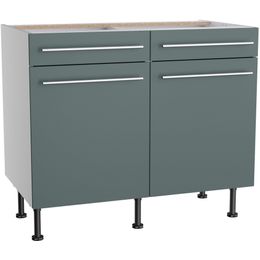Unterschrank KOCHSTATION, B:100cm H:87cm T:58,4cm, gr&uuml;n, Spanplatte, K&uuml;che, Schr&auml;nke, "KS-Bern2", Breite 100 cm, 2 T&uuml;ren, 2 Schubk&auml;sten, 1