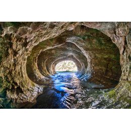 papermoon Fototapete "GROTTE-NEUSEELAND H&Ouml;HLE STROM BERGE MEER FLUSS FELSEN", B/L: 5m x 2,8m, Bahnen: 10 Stk., bunt, Schlafzimmer, Tapeten