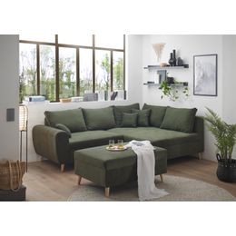 Ecksofa, B:249cm H:94cm T:175cm, gr&uuml;n, ED EXCITING DESIGN, 92% Polyester, 8% Polyamid, Wohnzimmer, Sofas, "Calanda L-Form", mit Hocker & 3 Zierkissen