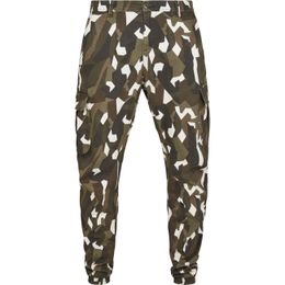 Urban Classics Damen Cargohose "Urban Classics Herren Geometric Camo Stretch Twill Cargo Pants"woodcamo, Gr. 32, 98% Baumwolle, 2% Elasthan, Hosen