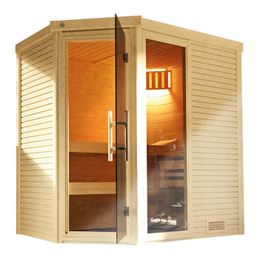 Weka Sauna "Massivholzsauna CUBILIS ECK 1", Saunaofen, externe Steuerung, 4,5 kW, beige, Saunen, Blockbohlen im WekaLine-Profil, Fensterelement,
