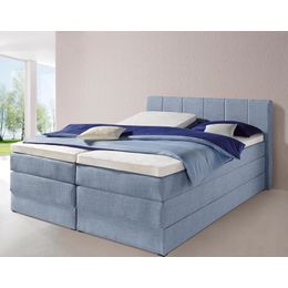 Boxspringbett Hapo, blau, Kopfteil, seitliche Unterbox und Obermatratze sind mit pflegeleichtem Feinstrukturstoff in Leinenoptik (100% Polyester)