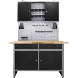 ONDIS24 Werkstatt-Set "Werner", B:120cm H:205cm T:60cm, schwarz, Werkb&auml;nke, 120 cm, mit Lochwandsystem inkl. Haken, mit LED