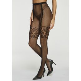 Damen Netzstrumpfhose, Petite Fleur Gold, schwarz, Obermaterial: 92% Polyamid, 8% Elasthan, Netz, Strumpfhosen, in Strapsstrumpf- Optik
