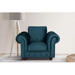 Sessel Home Affaire, B:117cm H:90cm T:93cm, blau, 100% Polyester, Wohnzimmer, Sessel, "MENDITTE", Knopfheftung an Armlehnen und vorderer Leiste, hohe
