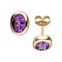 Jobo Damen Paar Ohrstecker, Gelbgold 585, gelb, Gelbgold 585, Ohrringe, oval 585 Gold mit Amethyst