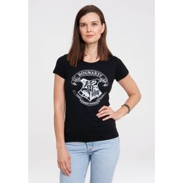 logoshirt Damen T-Shirt "Harry Potter - Hogwarts Logo (Wei&szlig;)", schwarz, Gr. L, bedruckt, 100% Baumwolle, Shirts, mit lizenziertem Originaldesign