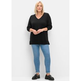 sheego Damen V-Ausschnitt-Pullover "V-Ausschnitt-Pullover", schwarz, Gr. 44, unifarben, 60% Viskose, 40% Polyester, Pullover