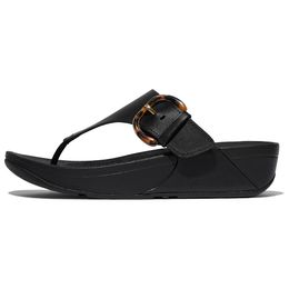 fitflop Damen Zehentrenner "LULU RESIN-BUCKLE LEATHER TOE-POST SANDALS", Gr. 38, schwarz, Rindsleder, unifarben, Schuhe, Pantolette, Slides, Flats