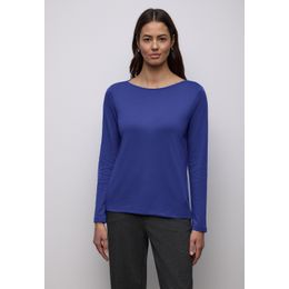 Street One Damen Langarmshirtamparo blau, Gr. 44, unifarben, Web, 50% Baumwolle, 50% Modal, Shirts, mit U-Boot-Ausschnitt