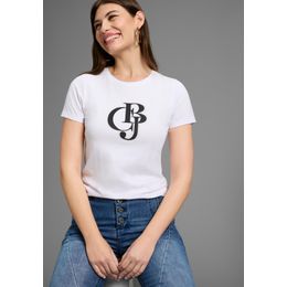 T-Shirt Bruno Banani, Damen, Gr. 36/38, wei&szlig;, Single Jersey, Obermaterial: 95% Baumwolle, 5% Elasthan, bedruckt, unifarben, Basic h&uuml;ftbedeckend, Rundhals, Shirts T-Shirt, mit Logo-Print und Glitzersteinen