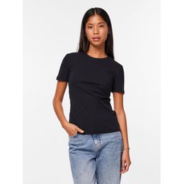 Kurzarmshirt Pieces "PCRUKA SS TOP JRS NOOS BC", Damen, Gr. M, schwarz, Jersey, Obermaterial: 95% Baumwolle, 5% Elasthan, unifarben, slim fit normal, Rundhals, Shirts, mit gerippter Struktur
