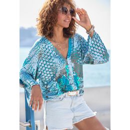 Buffalo Damen Fledermausshirt, blau, Gr. 40, bedruckt, Jersey, Obermaterial: 100% Viskose, Shirts, mit Animaldruck, lockere Bluse mit V-Ausschnitt,