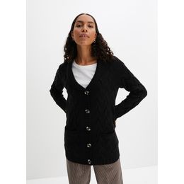 bonprix Longstrickjacke mit Schalkragen und Zopfmuster, schwarz, Gr.36/38 (S), Kuscheliger Long-Cardigan mit Knopfleiste, Schalkragen und aufgesetzten Taschen